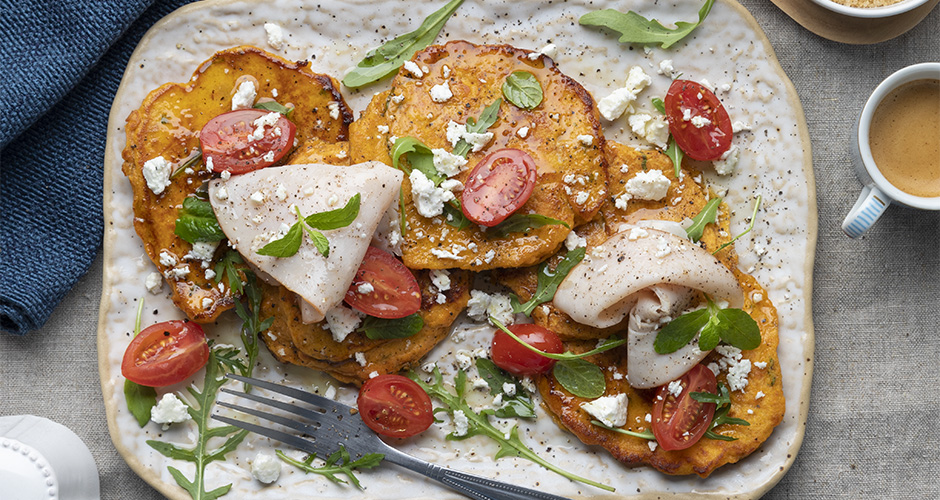 Sweet potato pancakes with feta and cherry tomatoes | Akis Petretzikis